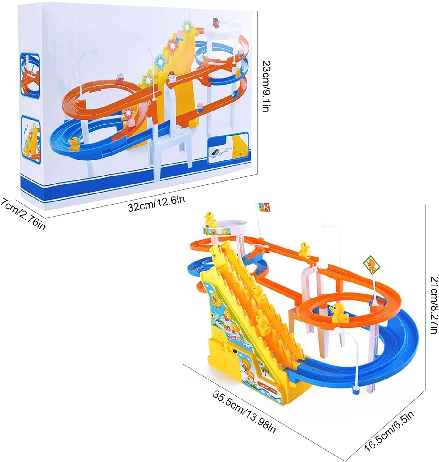 Small Ducks Climbing Toys, Electric Ducks Chasing Race Track Game Set, Playful Roller Coaster Toy with 8 Duck LED Flashing Lights & Music Button, Fun Duck Stair Climbing Toy for Toddlers and Kids (C)