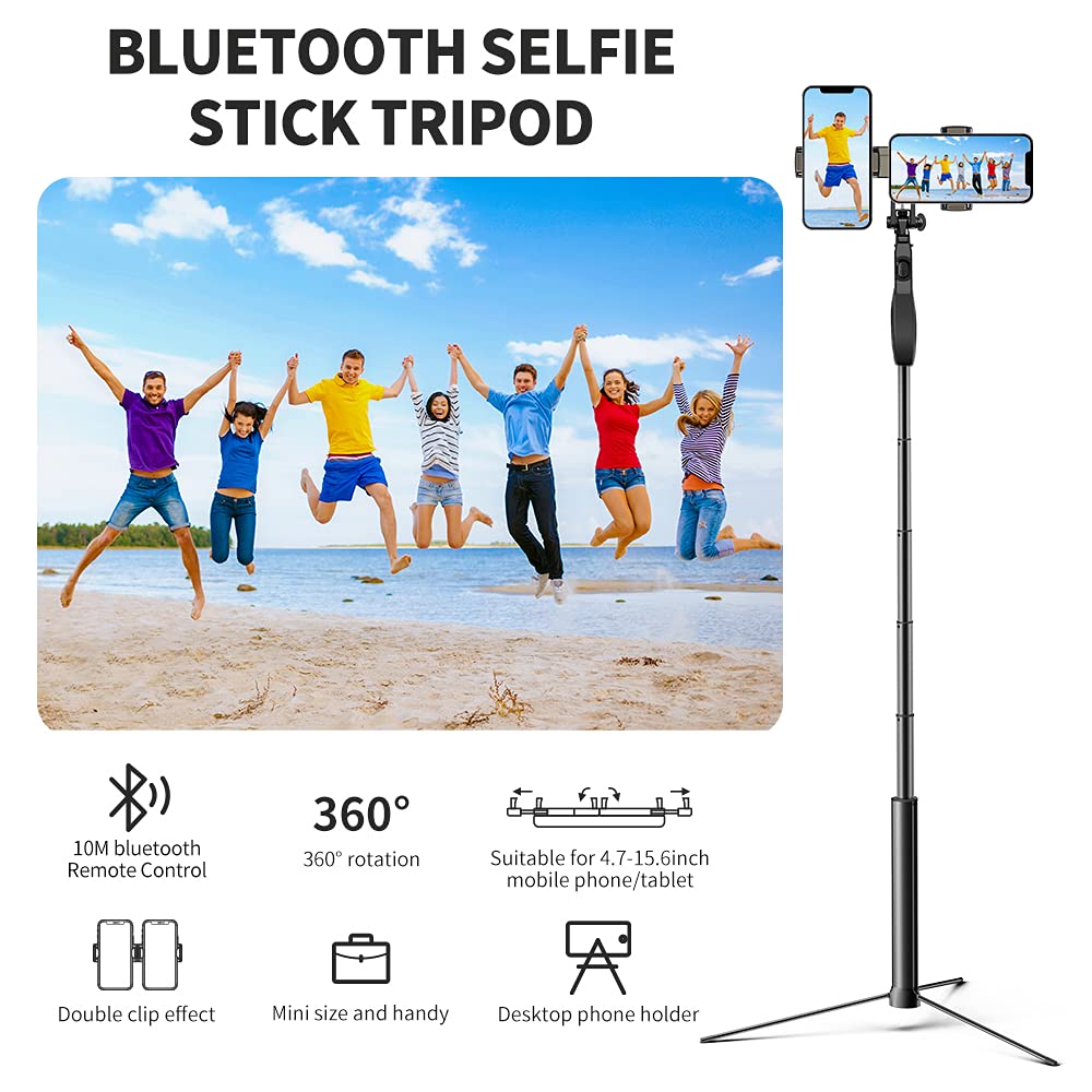 67'' Bluetooth Selfie Stick Phone Tripod, Extendable Travel Tripod Stand with Remote & 360° Rotation Phone Holder for Android iPhone Selfies, Video Recording, Vlogging, Live Streaming