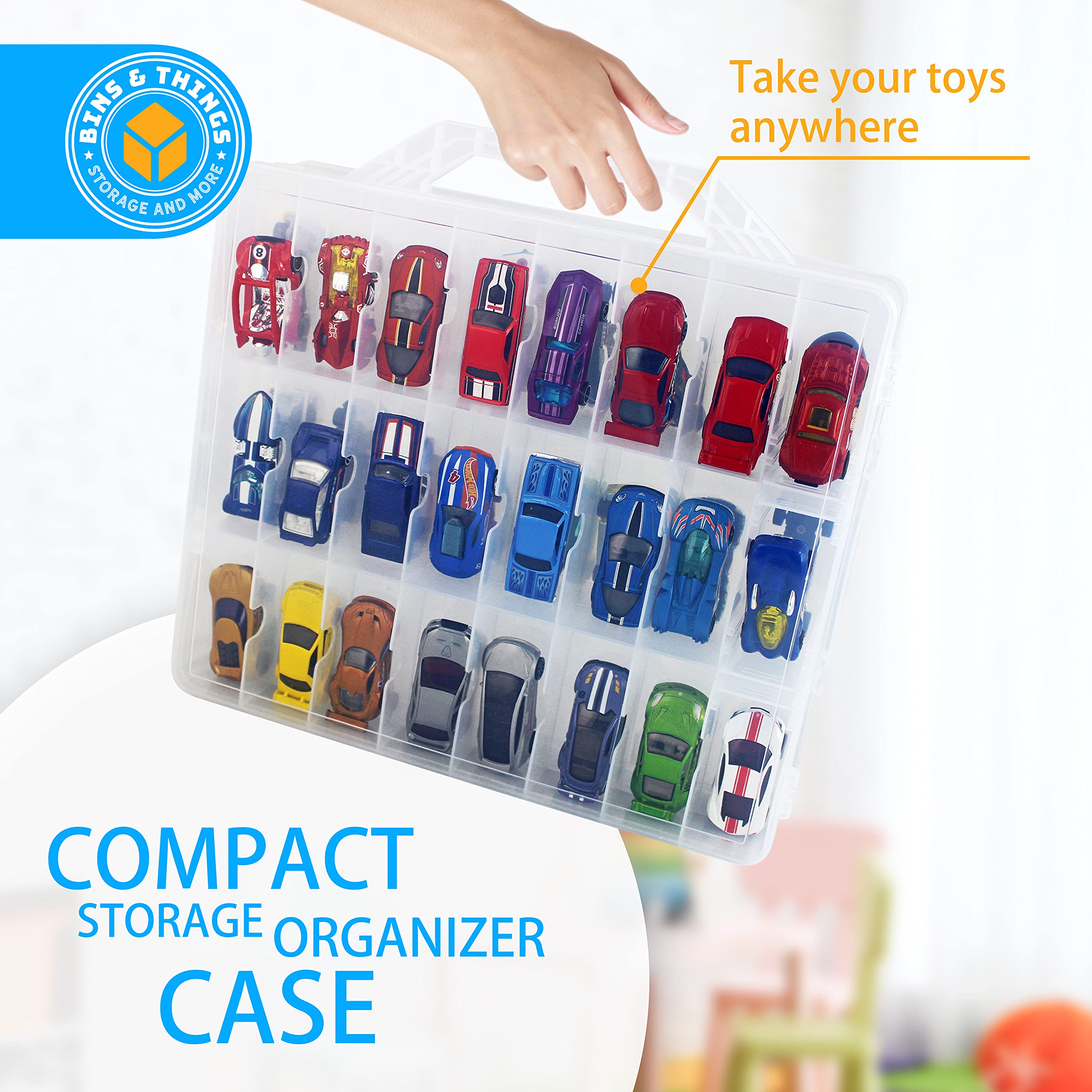 Bins & Things 48 Slot Toys Organizer - Compatible with Calico Critter, Hot Wheels, Tsum Tsum, MatchBox - Plastic Storage Display Case with Carrying Handle - Collection Box - 13.5x11.7x3.2 Inches