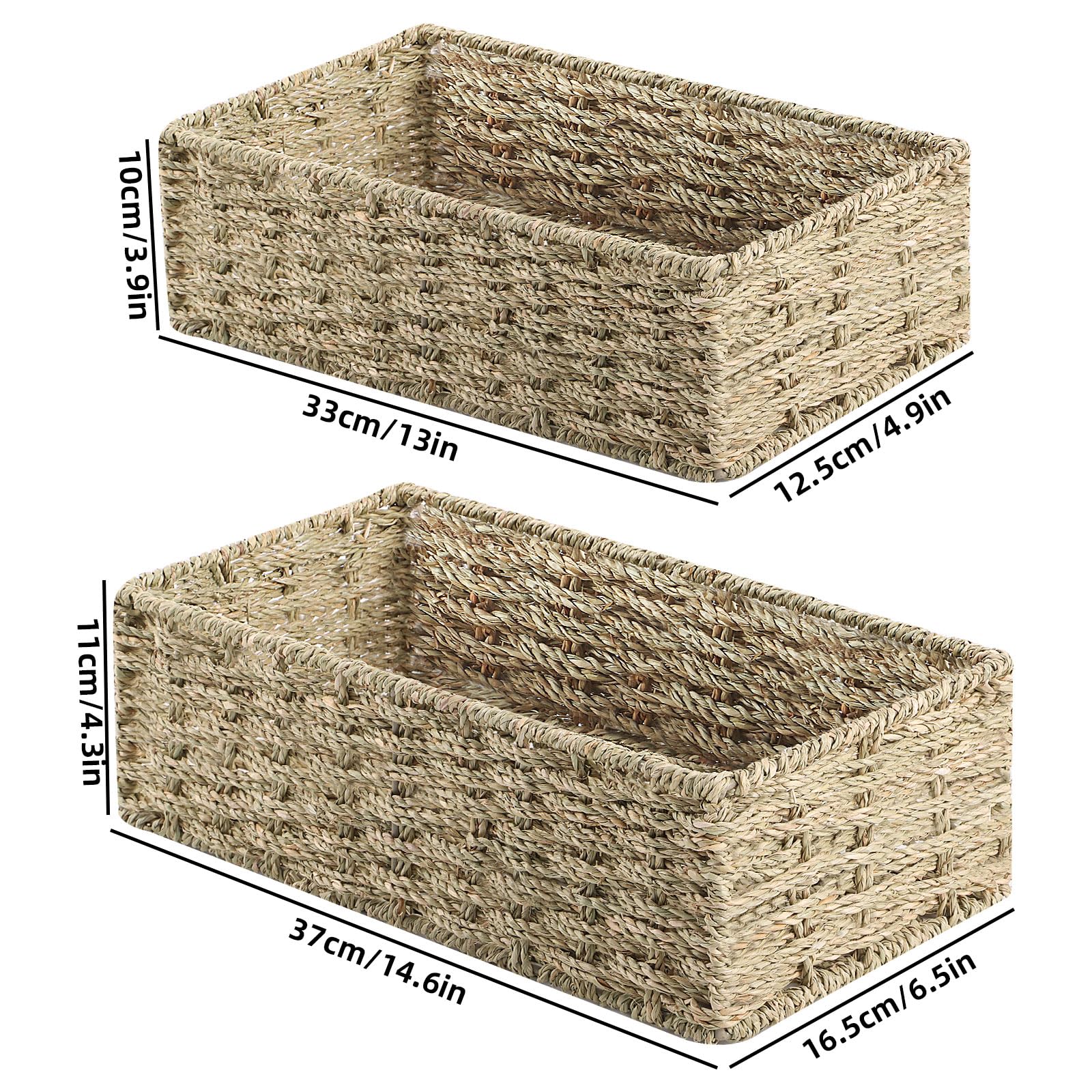 YheenLf Wicker Storage Baskets, Decorative Open Storage Bins for Shelves, Woven Baskets Storage Containers, Storage Box, Seagrass, Set of 2, 14.6 x 6.5 x 4.3 in
