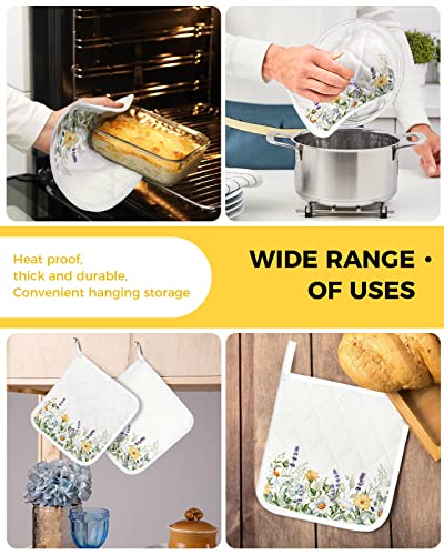 4Pack Pot Holders Cotton Heat Resistant Oven Hot Pads, Daisy Lavender Flowers Potholder Cloth Potholders for Daily Kitchen Baking and Cooking with Hanging Loops - Spring Summer Floral Green Leaves