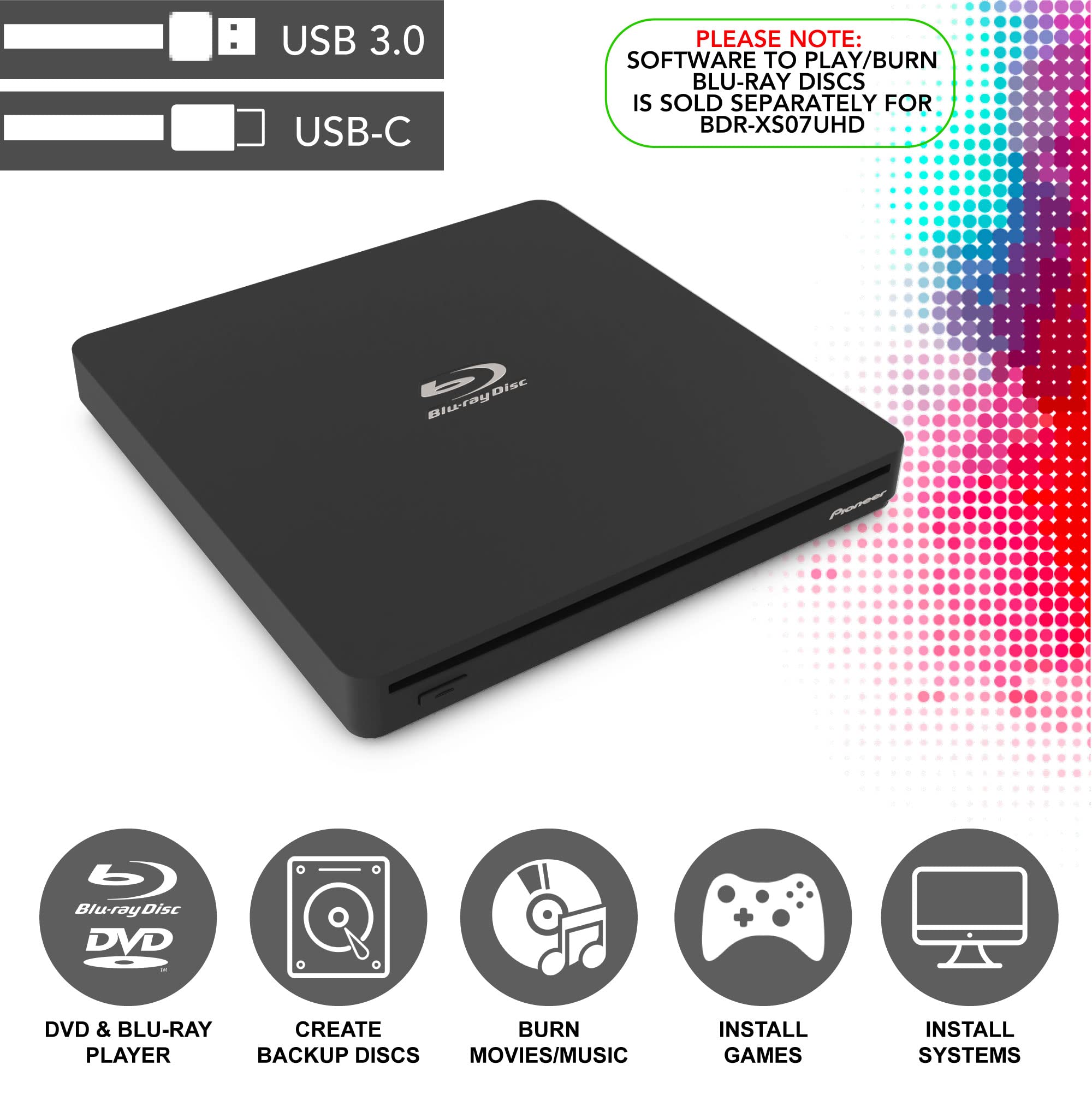 Pioneer BDR-XS07UHD 4K Blu-Ray Portable Burner & DVD Player - 6X Slim External BDXL, BD, DVD & CD Drive for Windows & Mac w/ 3.0 USB, CD Player, Write & Read on Laptop or Desktop w/ Carry Case (Black)