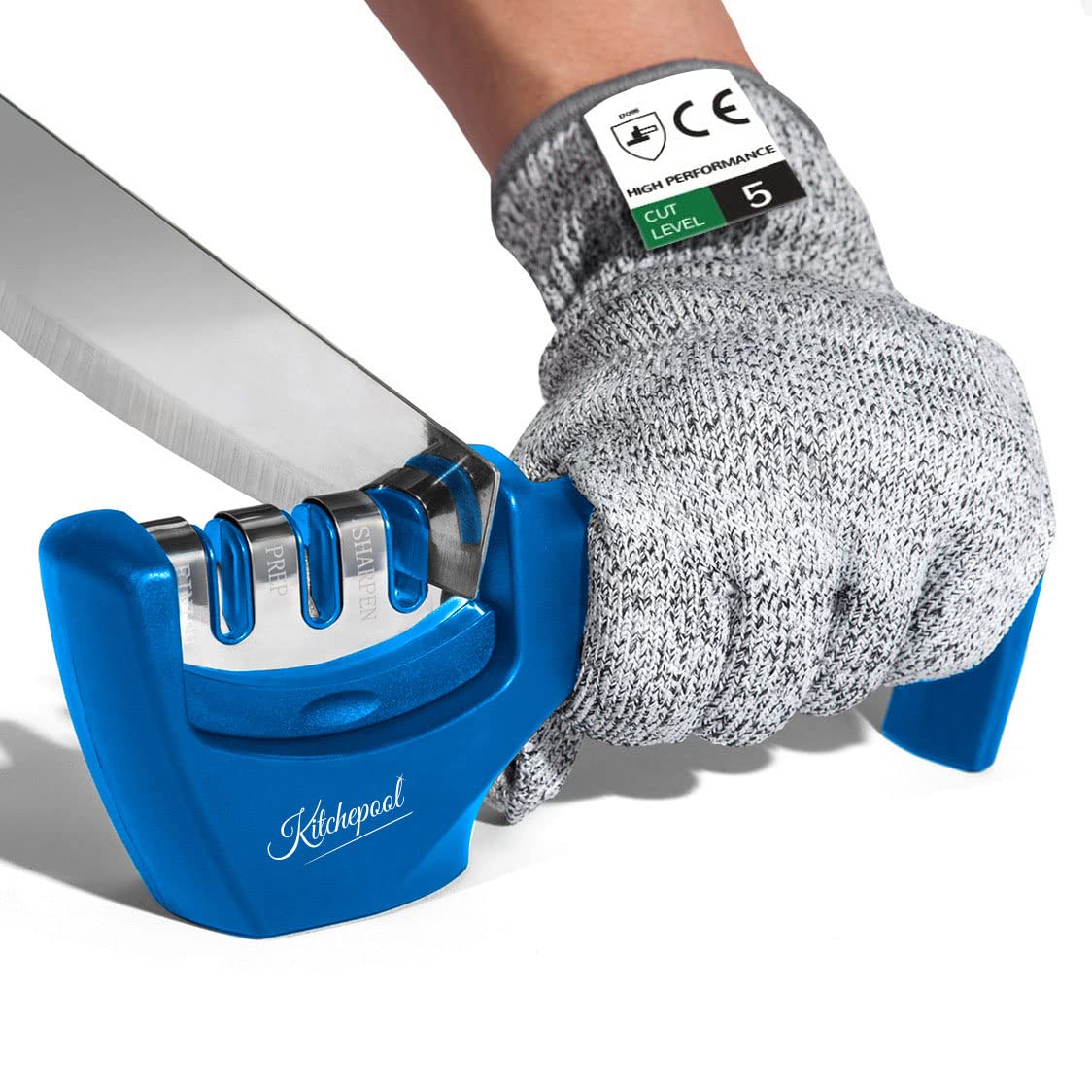 4-in-1 Knife Sharpener Kit with Cut-Resistant Glove, 9-Stage Quality Kitchen Knife Accessories to Repair, Grind, Polish Blade, Professional Knife Sharpening Tool for Kitchen Knives (Blue)