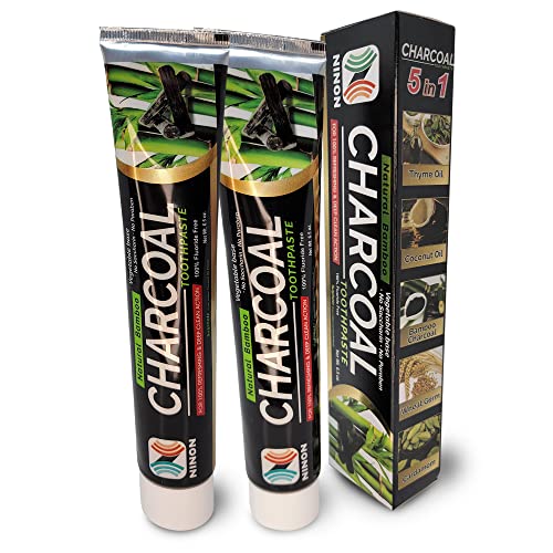 Activated Charcoal Toothpaste 2 pack (6.5oz each) 100% Deep Cleansing Natural Toothpaste, Organic Paste eliminates bad mouth odor Keeping it Refreshing, Natural Whitening Toothpaste, Fluoride Free and Paraben Free, Vegan