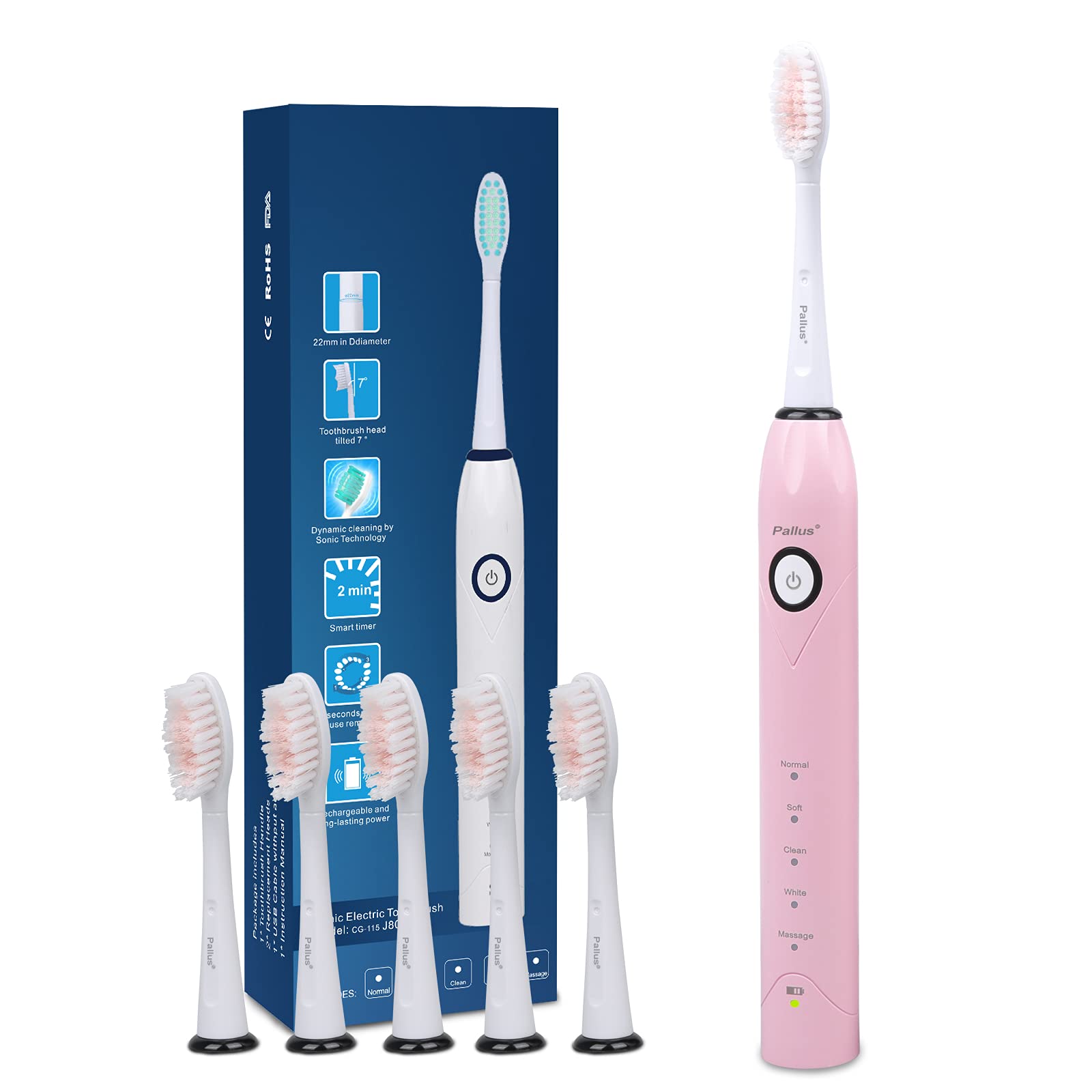 Pallus Electric Toothbrush, Sonic Toothbrush for Adults with 5 Dupont Bursh Heads, Ultra Cleaning with 37,000 VPM 5 Modes 2 Hours Charging for 30 Days Use,Pink Rechargeable Power Toothbrush
