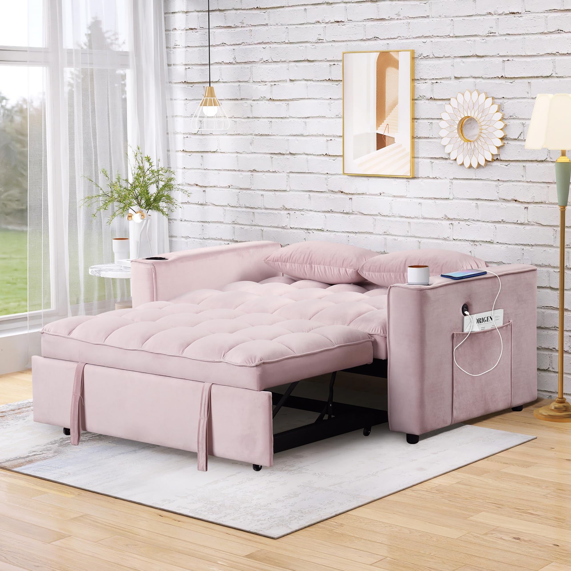 4-in-1 Multi-Functional Convertible Sofa Bed w/Cup Holder and USB Port,Velvet Upholstery Sleeper Couch Pull-Out Sofabed, 55.3'' Loveseat Chaise Lounge with Pillows for Living Room,Small Place