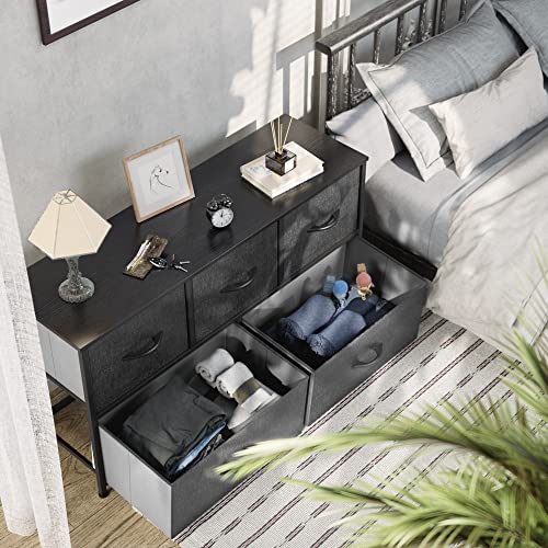 YITAHOME Wide Storage Tower with 5 Drawers - Fabric Dresser, Organizer Unit for Bedroom, Living Room, Closets & Nursery - Sturdy Steel Frame, Easy Pull Fabric Bins & Wooden Top (Black/Grey)