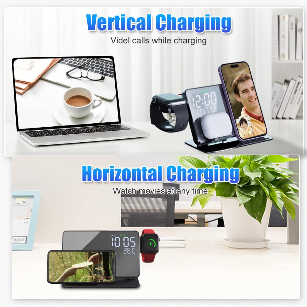 4-in-1 Wireless Charging Station for Apple Devices, 18W Fast Charge Wireless Charger with Alarm Clock and Temperature Display, Wireless Charger Stand for iPhone 14 13 12, Apple Watch & AirPods