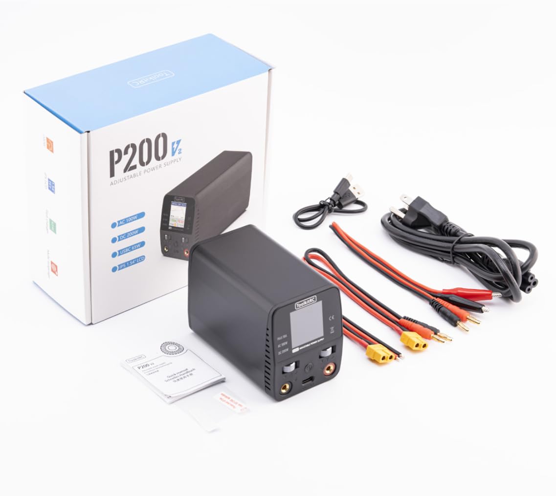 NEW ToolkitRC P200 V2 Mini 30V Supply AC100W DC200W 10A GaN Adjustable Mini Desktop Power Supply USB Output 4.0mm banana female port with TypeC 65W Output fast charging