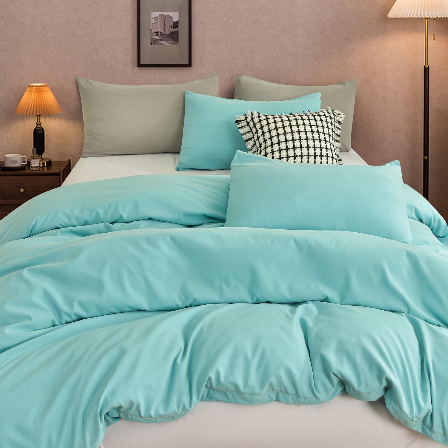 TazmKezm Light Blue Duvet Cover Set 100% Washed Cotton Duvet Cover Queen Size(90x90 Inch),3 Pieces Luxury Soft Bedding Set with Zipper Closure.Solid Color Pattern Duvet Cover