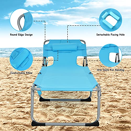 GYMAX Tanning Chair, Folding Beach Lounger with Face Arm Hole, Adjustable Backrest,Side Pocket, Removable Pillow & Carry Handle, Outside Sunbathing Lounge Chair for Patio, Poolside (1, Turquoise)