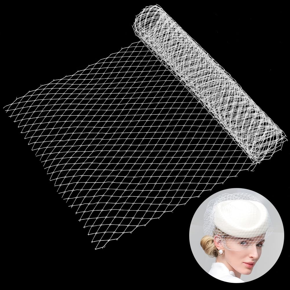 AHANDMAKER 1.1 Yard White Bridal Veil Flapper Fascinator Mesh Veil White Veil Neting Fabrics 11 Inch Wide Millinery Netting for Bride's Headdress Veil Making, White