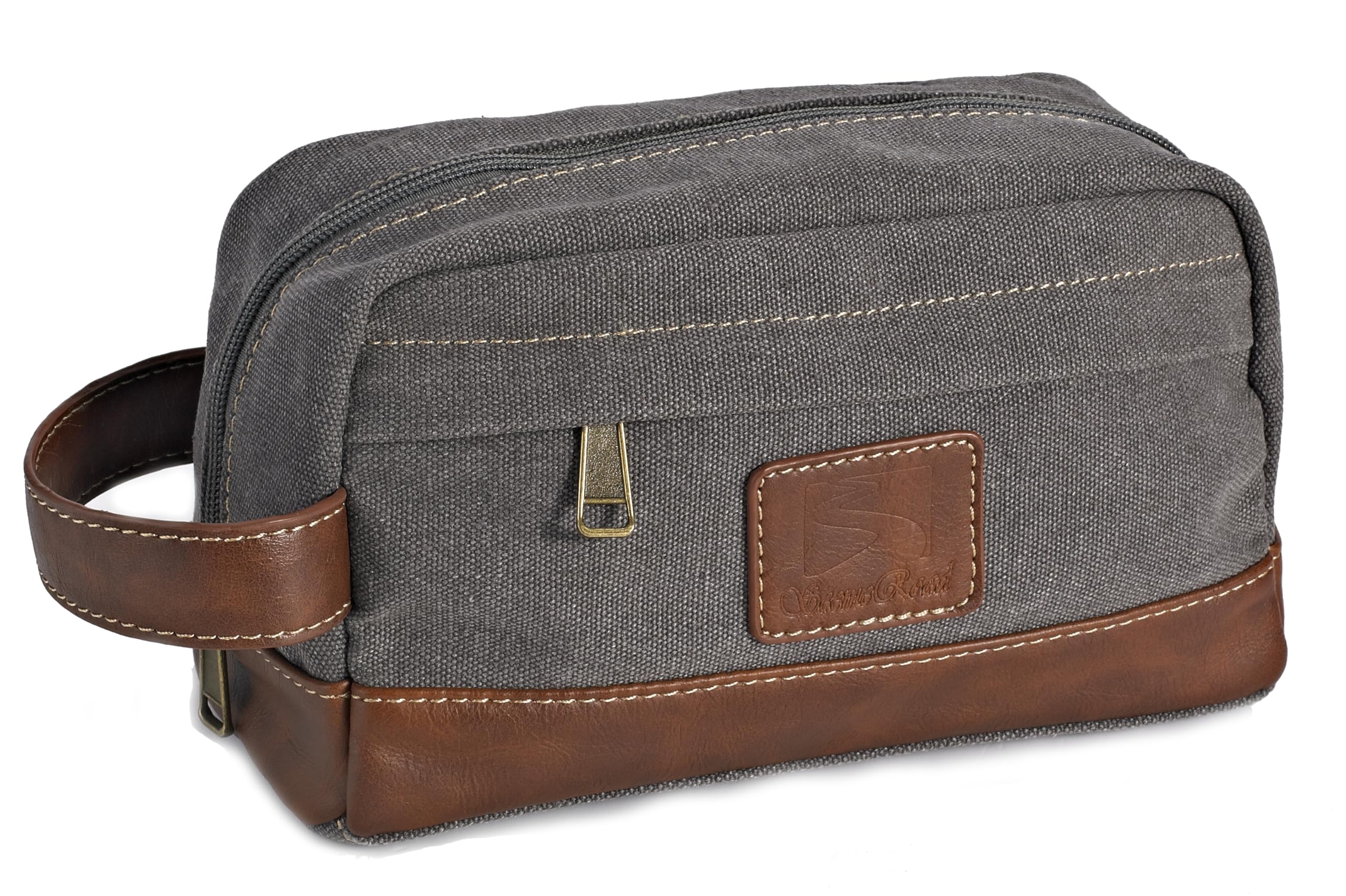 seemeroad Travel Toiletry Bag for Men and Women, Canvas Toiletry Organizer Water-Resistant Vegan Leather, Hanging Dopp Kit Shaving Bag for Toiletries Accessories (Gray, Medium)
