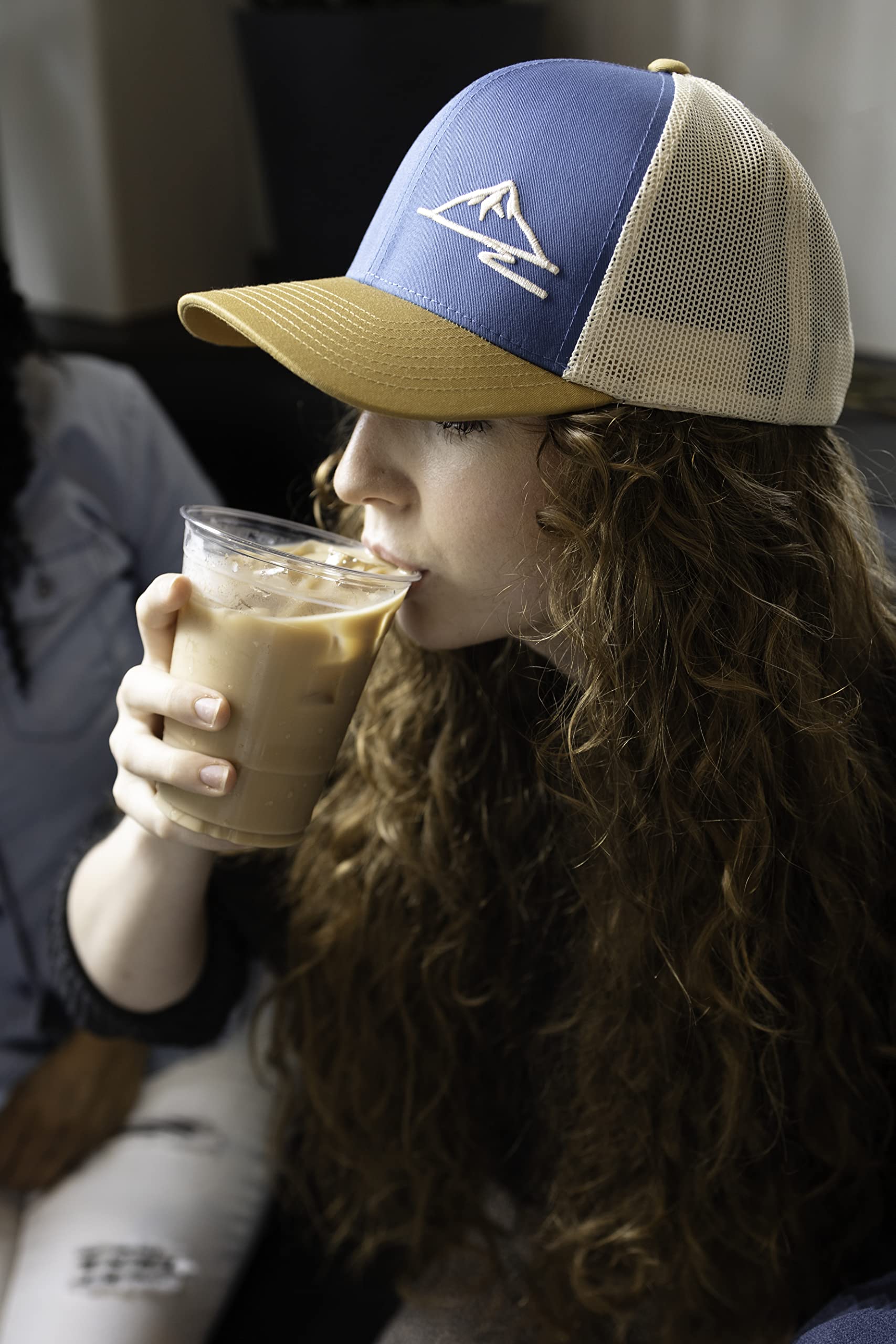 44N, Snapback Trucker Hat, Mountain (Ocean Blue/Amber Gold/Beige)