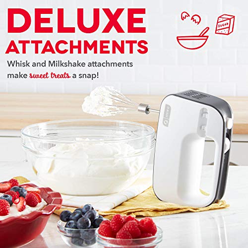 Dash SmartStore™ Deluxe Compact Electric Hand Mixer + Whisk and Milkshake Attachment for Whipping, Mixing Cookies, Brownies, Cakes, Dough, Batters, Meringues & More, 3 Speed, 150-Watt – Grey