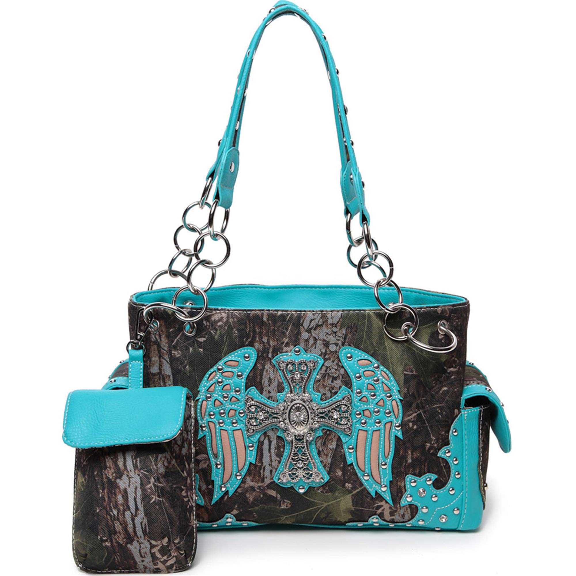 Camouflage Cross Western Style Studded Handbag Concealed Carry Purse Country Women Shoulder Bag Wallet (Turquoise Set)