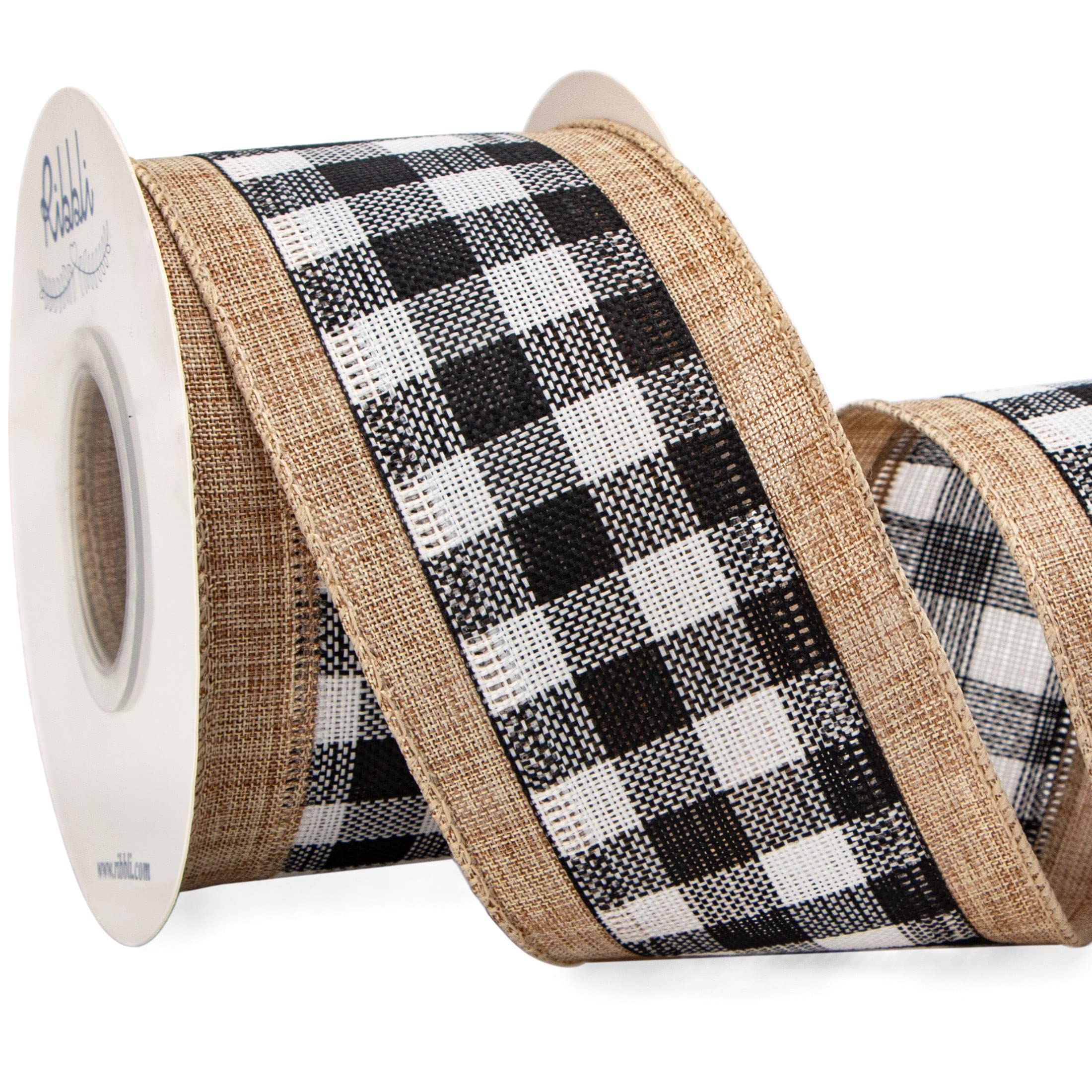 Ribbli Christmas Burlap Wired Ribbon, Buffalo Plaid with Burlap Ribbon 2-1/2 Inch x Continuous 10 Yard, Christmas Ribbon for Tree, Gift Wrapping, Big Bow, Wreath-Black/White/Natural