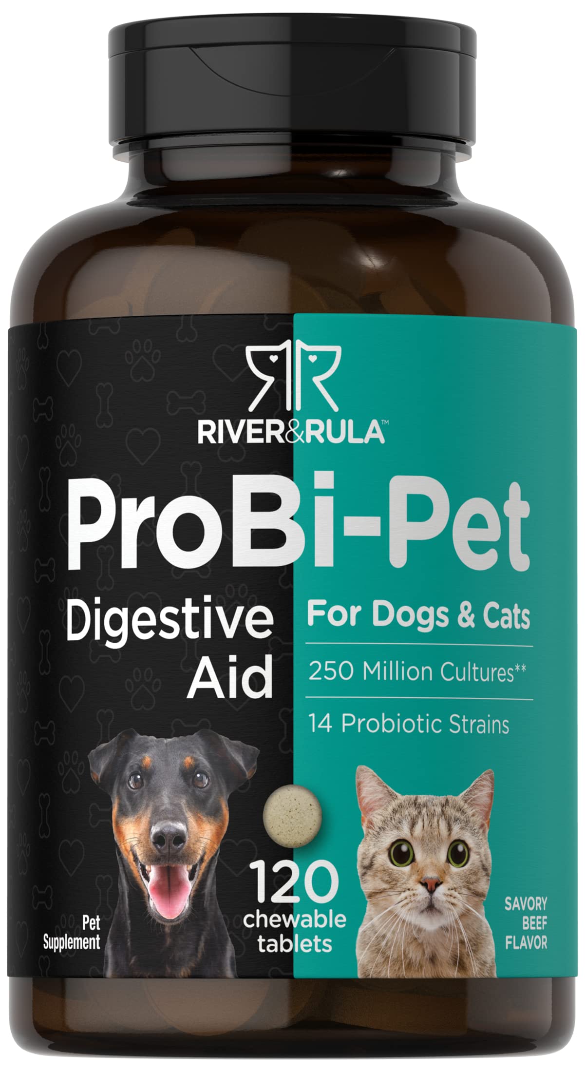 Horbäach Probiotics for Dogs & Cats | 120 Chewable Tablets | Digestive Aid | with 14 Probiotic Strains | Savory Beef Flavored Pet Supplement | by River & RULA