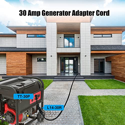 30 Amp RV Generator Transfer Switch Adapter Cord with Grip Handle, NEMA TT-30P to L14-30R Adapter Cord, 125/250V 3 Prong to 4 Prong Generator Plug Adapter, Generator to House Inlet Box, STW 10 AWG