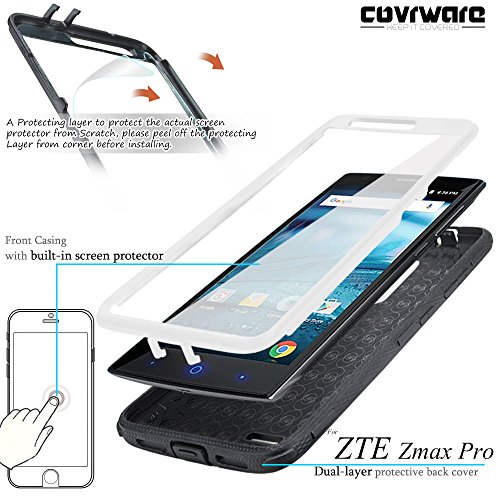 COVRWARE [Iron Tank] case Compatible with ZTE ZMAX PRO/ZTE Carry, with Built-in [Screen Protector] Full-Body Rugged Holster Armor Case [Brushed Metal Texture Design][Belt Clip][Kickstand], White