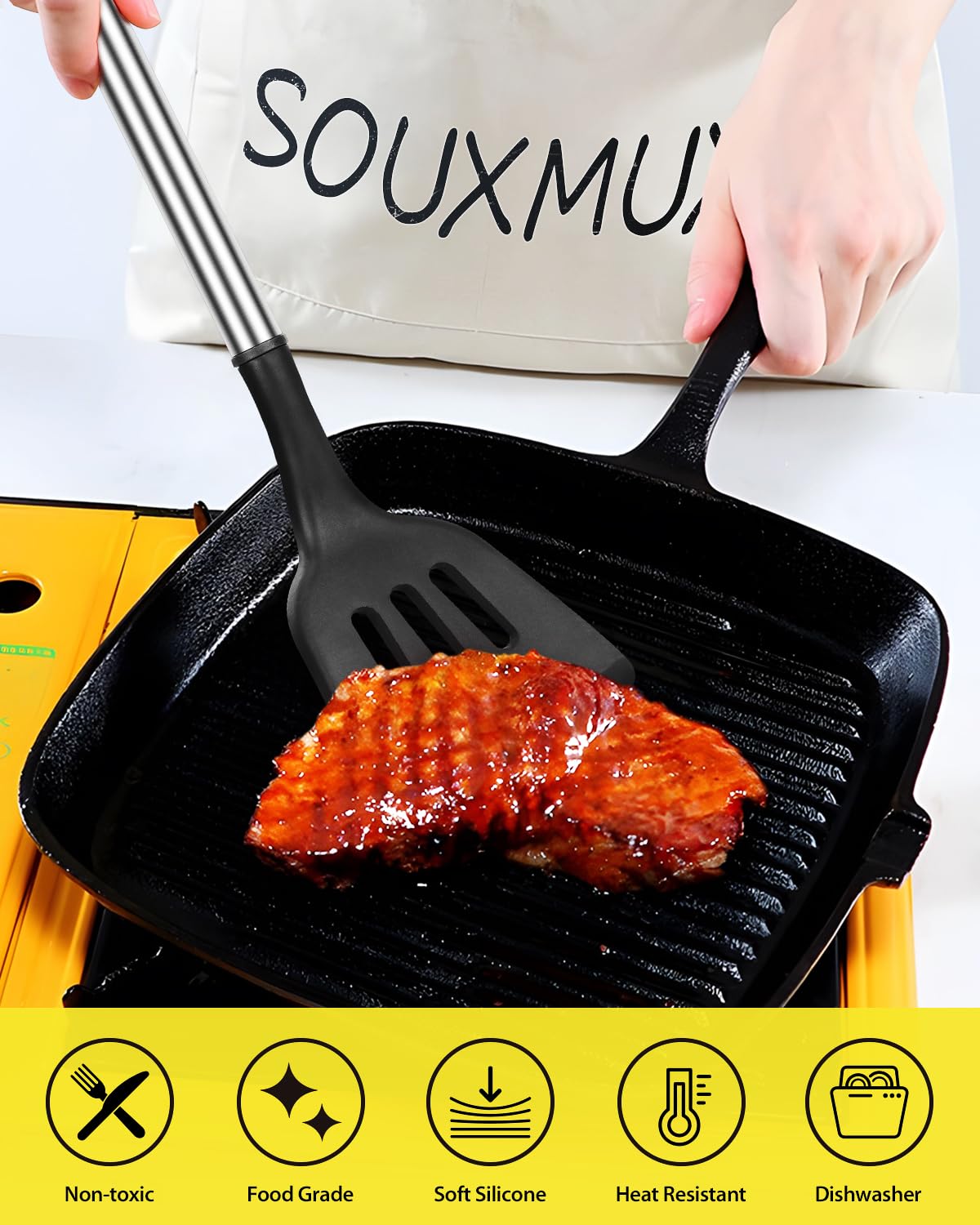 4 Pcs Silicone Kitchen Utensils Set, Wok Spatulas-Slotted Turner-Cooking Spoon-Slotted Spoon, Non-Stick BPA Free Heat-Resistant Basting Stainless Steel Handle Kitchenware for Cooking, Mixing, Serving