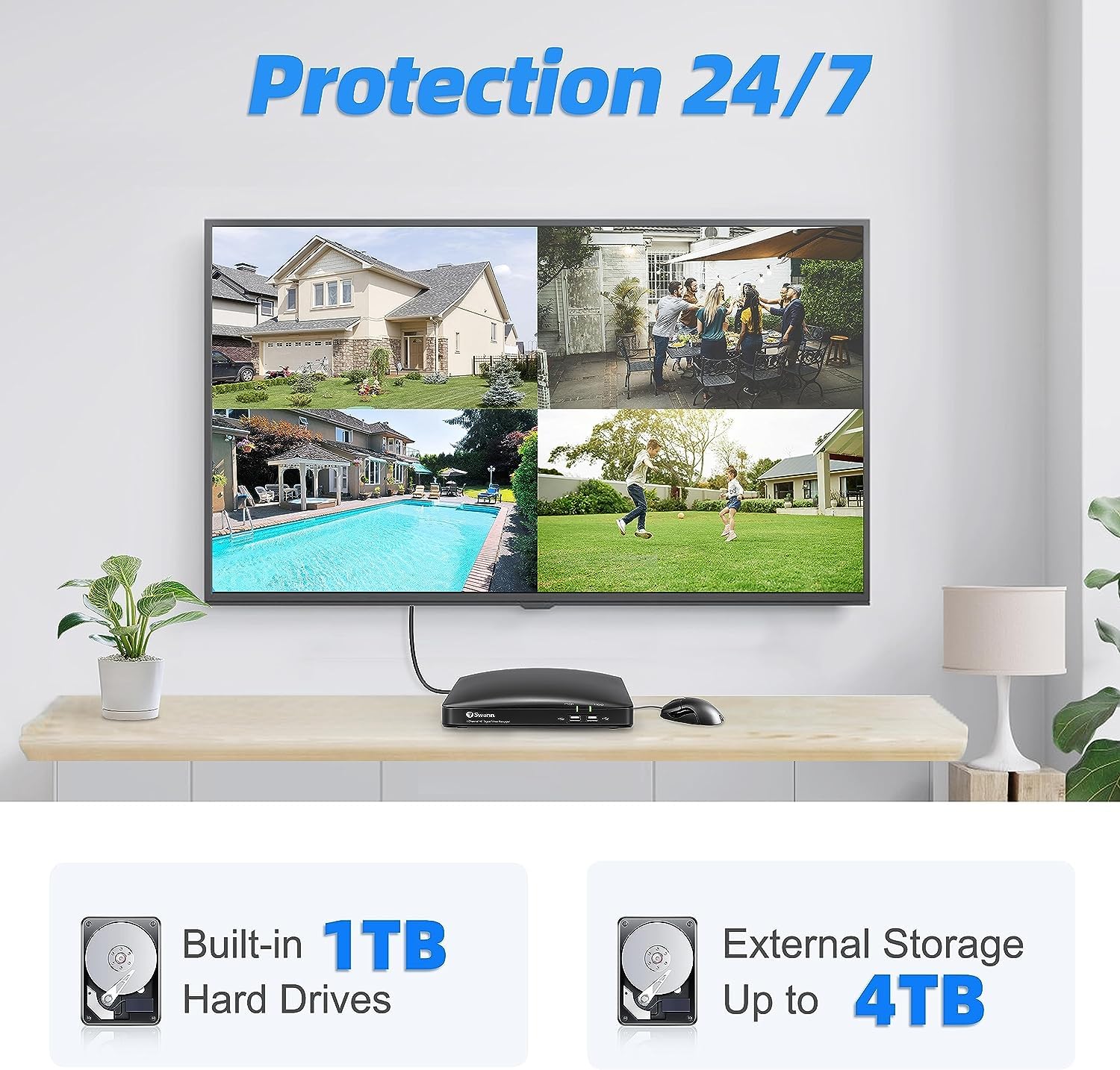 Swann Home DVR Security Camera System with 1TB HDD, 8 Channel 4 Camera, 1080p Full HD Video, Indoor or Outdoor Wired Surveillance CCTV, Heat and Motion Detection, 845804