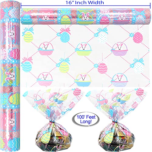 AnapoliZ Easter Cellophane Wrap Roll | 100’ Ft. Long X 16” In. Wide 2.3 Mil Thick , Crystal Clear , Design Cello Wrapping Paper for Treats , Baskets , Gifts Bunnies & Eggs
