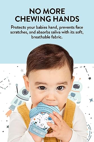 Malarkey Kids Patented Teething Mitten, Munch Mitt Baby Chew Toy - Protects Hands from Chewing & Saliva, Heals Aching Gums, Promotes Sound & Visual Stimulation for Babies - Outer Space