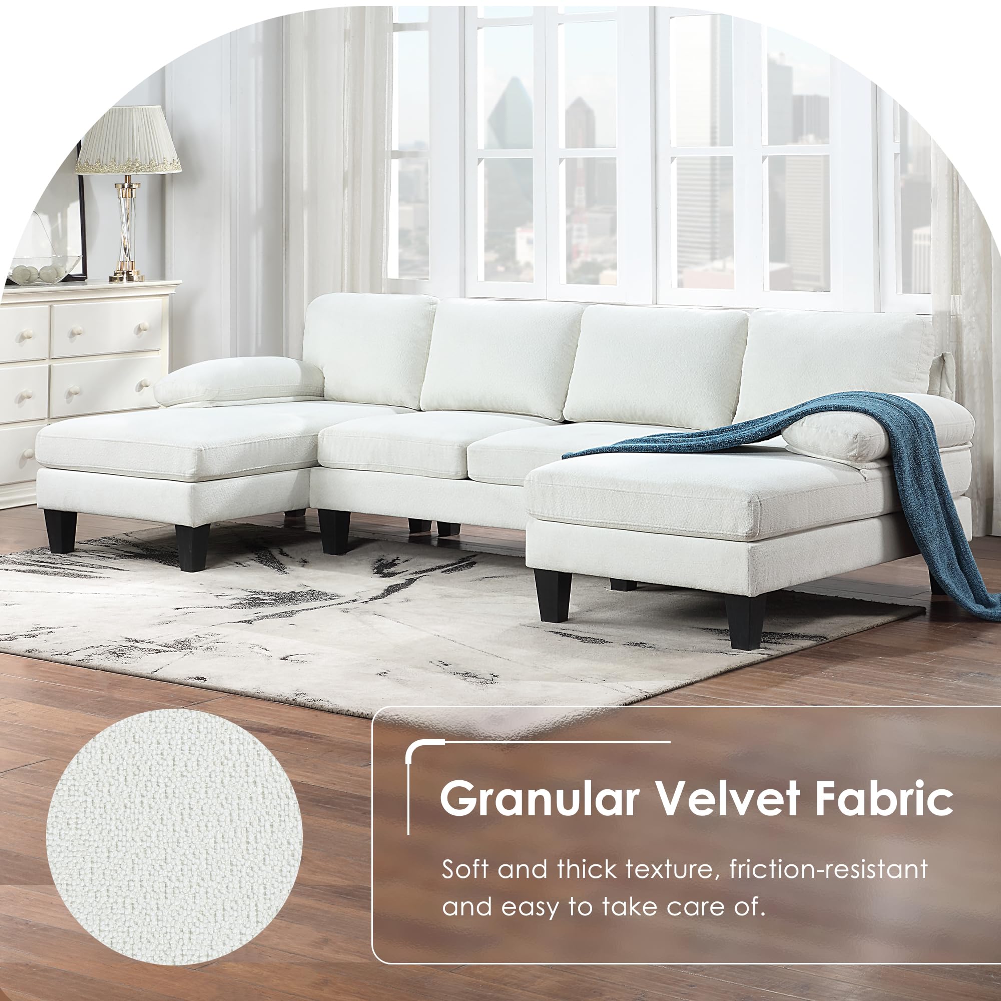 Merax Granular Velvet U Shaped Sectional Sofa,Modern U Shape Sofa Sectional with Double Chaise,6-Seat Sofa Couch for Living Room,Bedroom,Beige