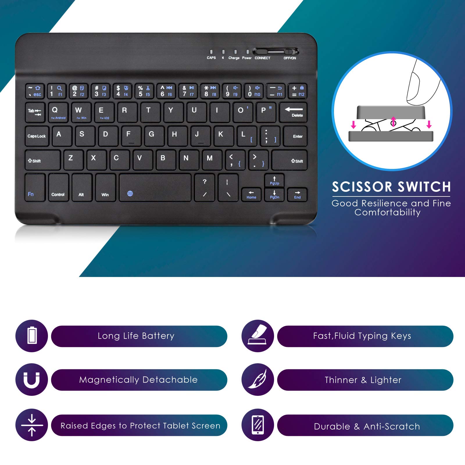 DETUOSI Universal 7.0 inch Android Tablet Case with Keyboard, Removable Wireless Bluetooth Keyboard + PU Leather Folio Book Cover + Stand, Travel Portable Sleeve for iOS/Android/Windows System Tablet