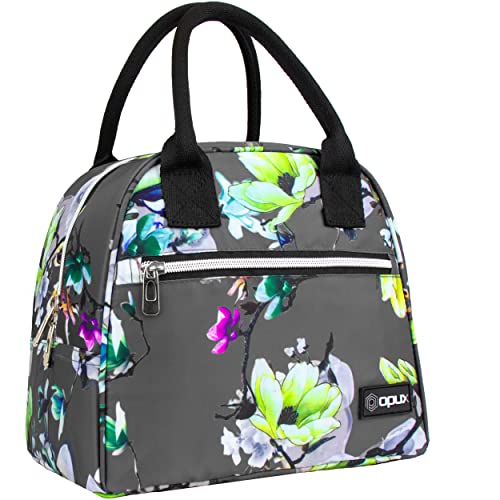 OPUX Insulated Lunch Box Women, Lunch Bag Tote Girls Kids Teen Adult, Cute Soft Lunch Cooler Container Work School, Reusable Thermal Food Meal Prep Organizer Lunch Pail Travel Beach, Floral Gray