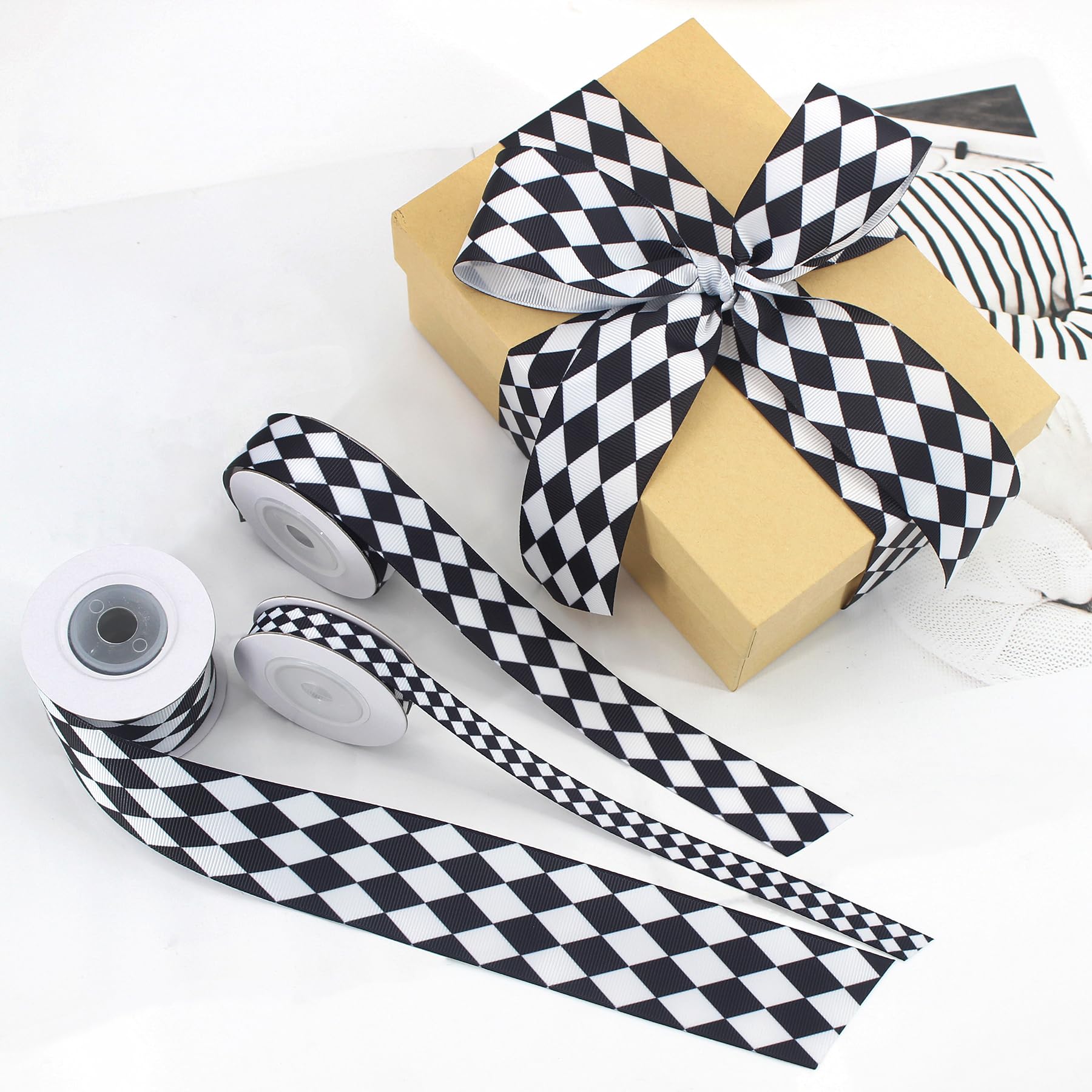 3 Rolls Black White Checkered Grosgrain Ribbon,Plaid Buffalo Ribbon Gift Packaging Ribbon,Crafts Racing Car Theme Printed Checkered Ribbon, for Bow,Xmas Fall Tree Wrapping,DIY Wreath Decorations
