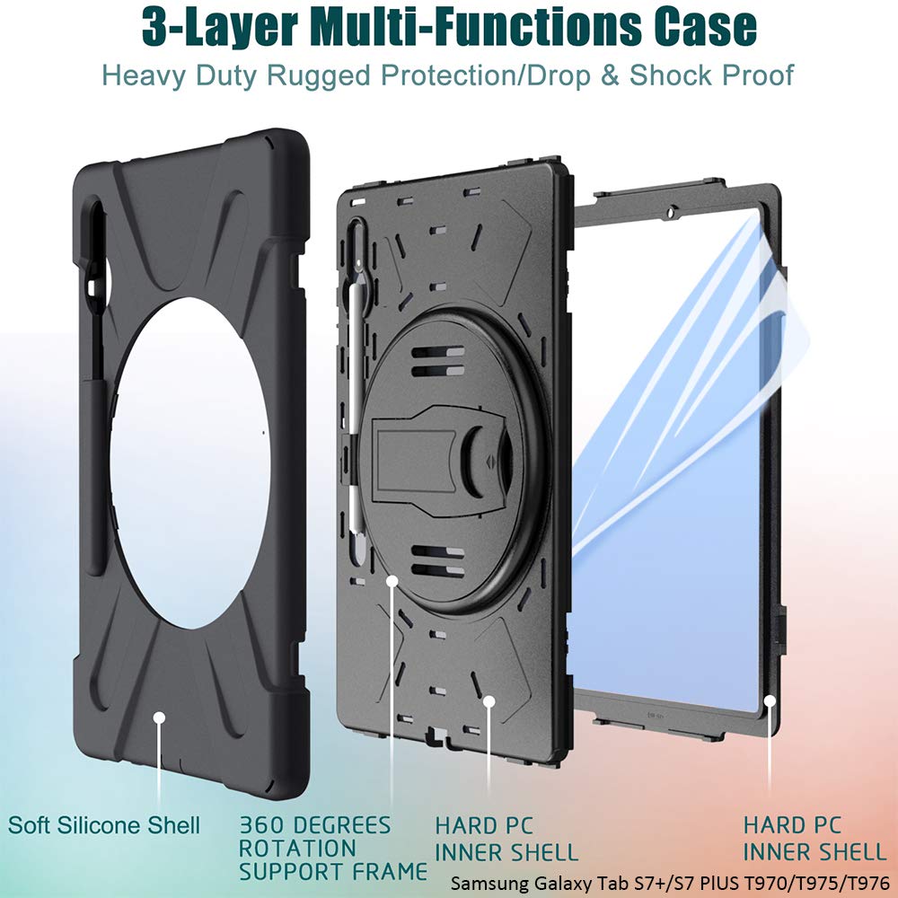 ZenRich Galaxy Tab S8 Plus / S7 Plus Case 2022/2020, Samsung Tab S8+/S7+ 12.4 inch Case with S Pen Holder zenrich Case with Screen Protector Stand Hand Strap Shoulder Belt-Black