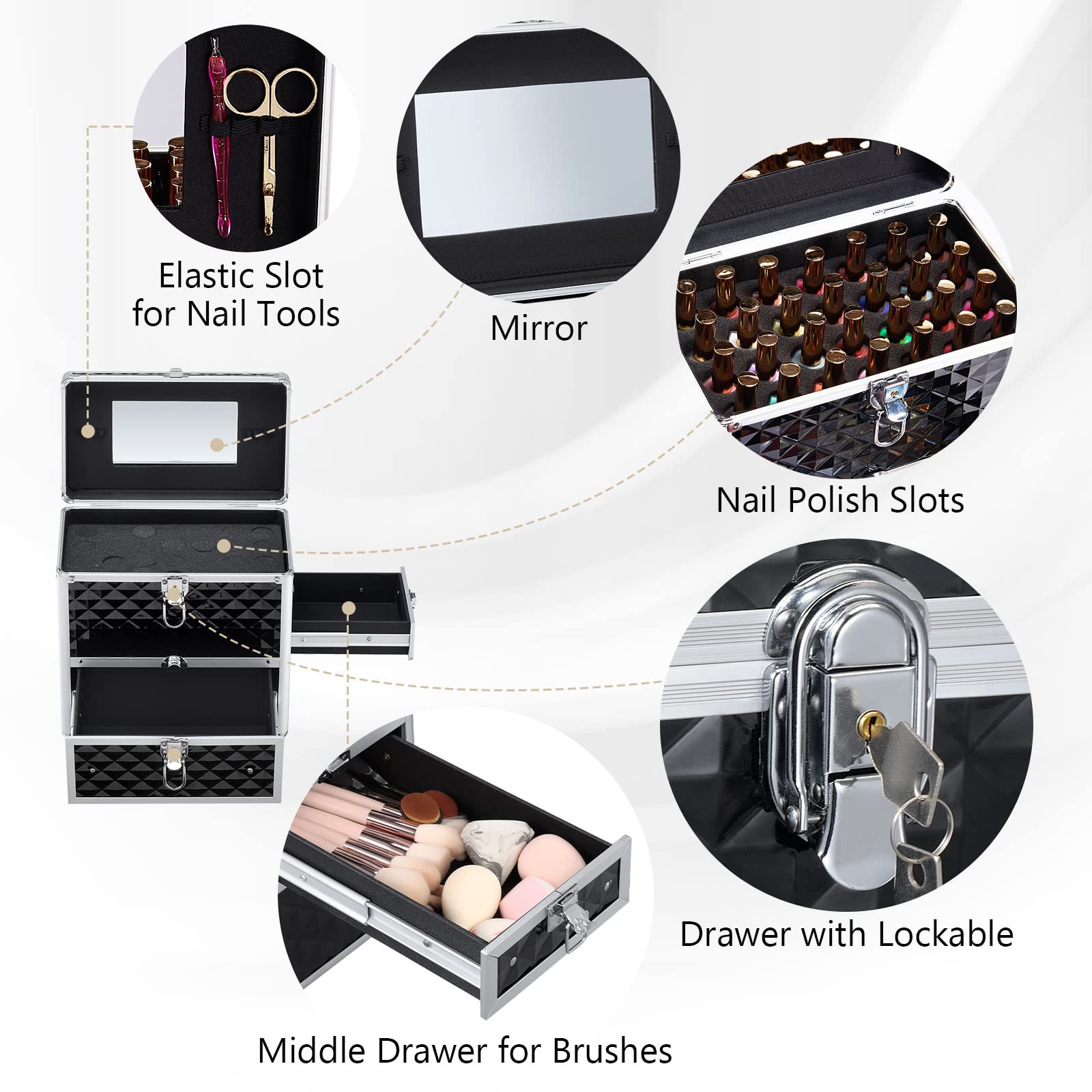 Frenessa Nail Polish Makeup Train Case with Drawer and Dividers Manicure Organizer Accessory Storage Makeup Box With Mirror Lockable Keys Nail Kit Organizer Cosmetic Case Jewelry Box - Black