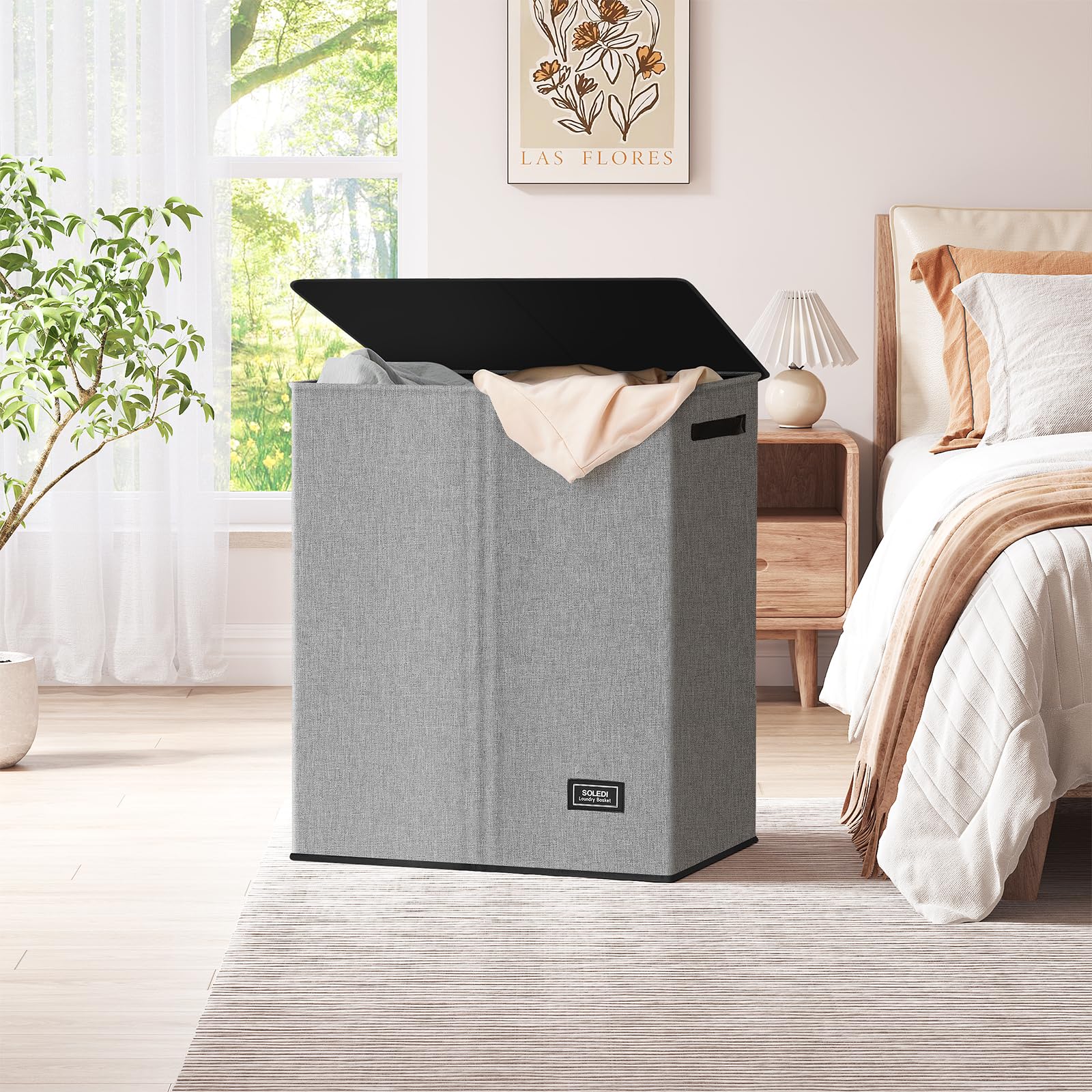 SOLEDI Luxury Double Laundry Hamper with Lid and Handle, Laundry Basket 2 Section with Removable bag, Collapsible Dirty Clothes Hampers for Laundry, Bedroom, Dorm, College