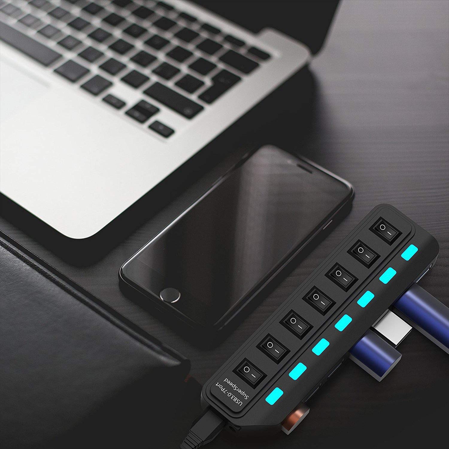 USB Hub 3.0 Powered, Zouhi USB hub 7 Port 3.0 Data Hub Splitter with 5V/2A Power Adapter and with Individual On/Off Switches/Power LED / 3.3ft/1m Long Cable for Mac Pro, MacBook Pro and More