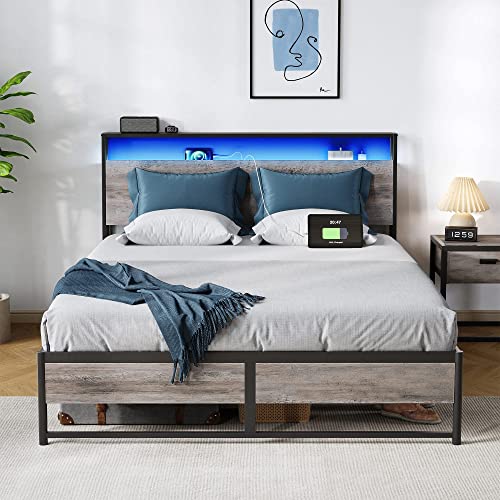 LINSY LIVING Queen Bed Frame with Headboard, Platform Metal Bed Frame with Lights, Outlets & Charger, 45 Minutes Fast Assembly Bed Queen Size with Storage, No Box Spring Needed, Greige