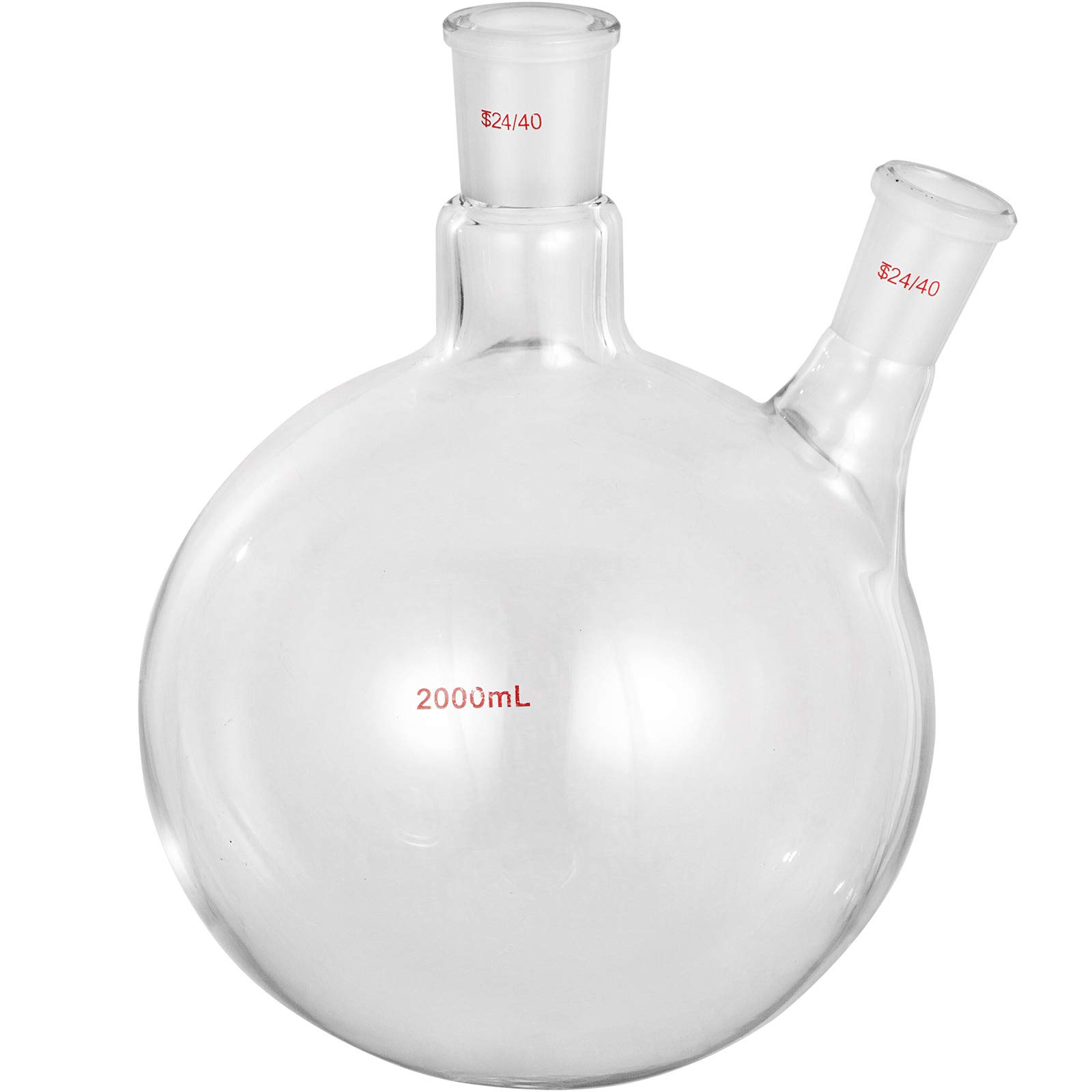 VEVOR Round Bottom Flask 2000 ml Receiving Flask Borosilicate Glass Reaction Flask 2 Neck Boiling Flask with 24/40 Standard Taper Ground Joint, Flask Round Bottom for Vacuum Distillation Apparatus