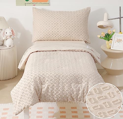 Cozyholy 4 Pieces Boho Tufted Toddler Bedding Set for Girls Boys Beige Soft Jacquard Embroidery Bed Sheets Set Comforter Set for Baby Kids | Include Comforter, Flat Sheet, Fitted Sheet, Pillowcase