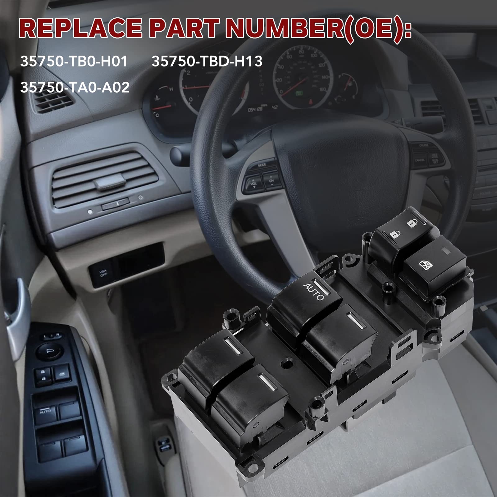 35750-TB0-H01 Driver Side Master Power Window Switch Replacement for Honda Accord 2008 2009 2010 2011 2012, Replace# 35750-TBD-H13, 35750-TA0-A02