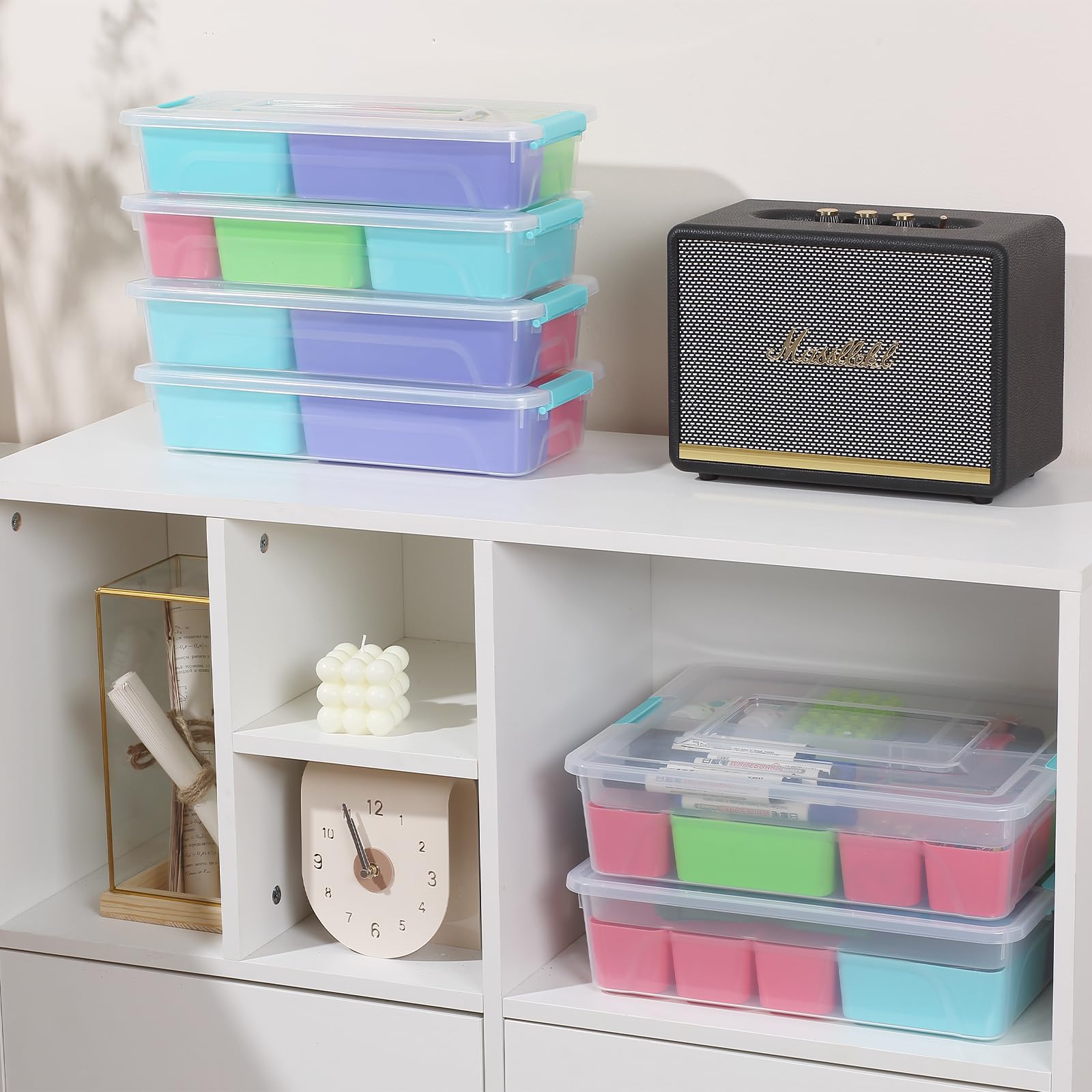 novelinks Clear Plastic Dividing Storage Box with Compartments Removable Storage Bin with Lid - Plastic Craft Storage Organizer Storage Compartment Container (2 Pack-4 QT + 1 Pack-10 QT)