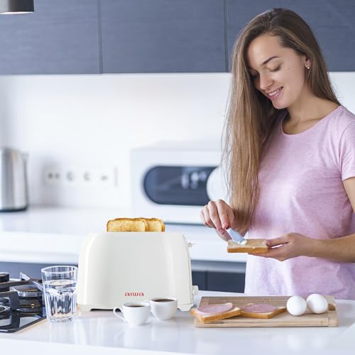 Aiwa Toaster, 2 Slice Wide Slot, Reheat and Defrost Function, 6 Browning Settings, Drop Down Crumb Tray, White