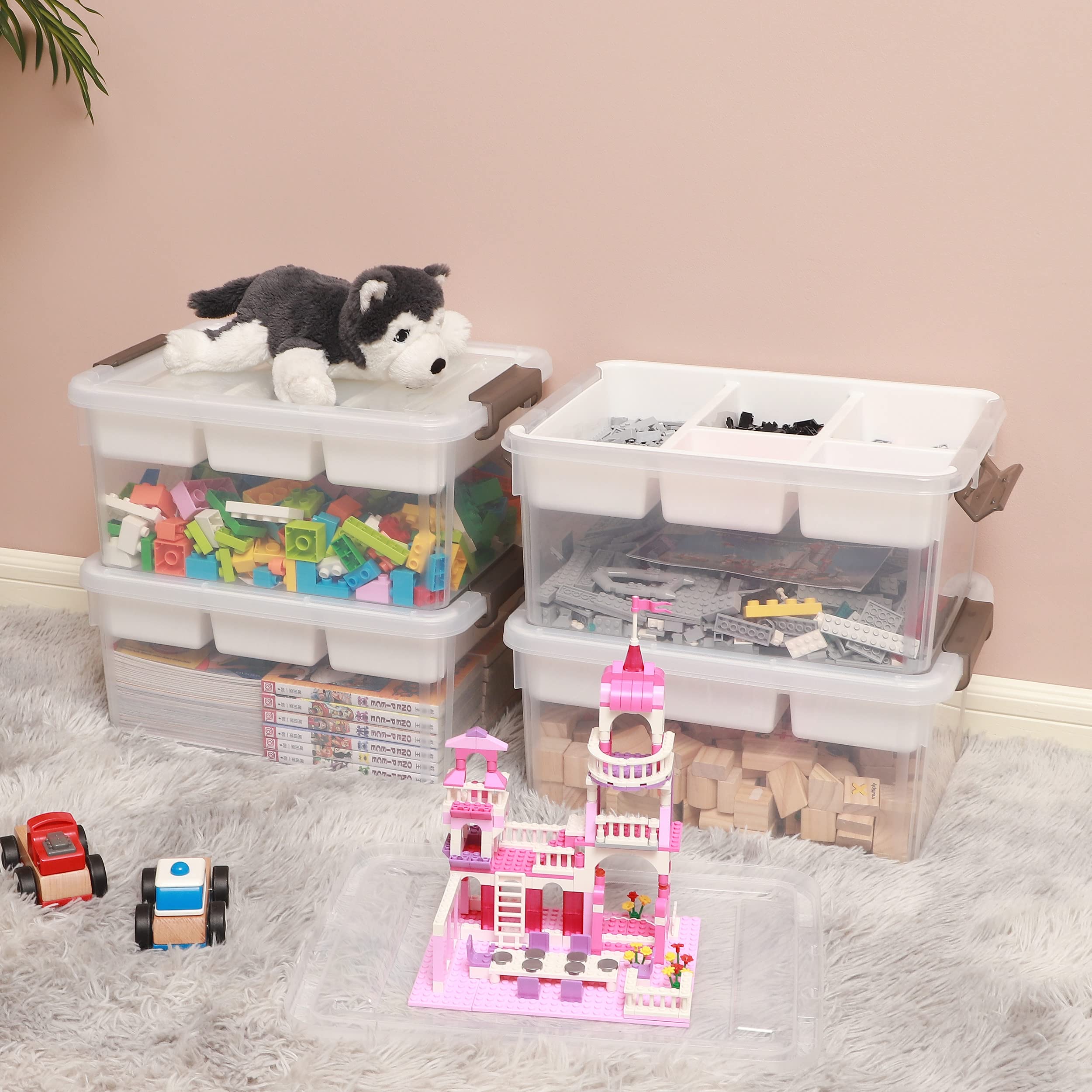 Citylife 17 QT Plastic Storage Box with Building Baseplate Lid and Removable Tray Craft Organizers and Storage Clear Storage Container for Organizing Lego, Bead, Tool, 2 Packs
