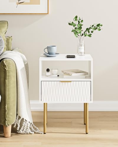 Aienvey Night Stand, Modern Bedside Table with Storage Drawer, Small Side Table with Open Wood Shelf, Bedside Furniture, Nightstand, End Table for Bedroom, Living Room, White