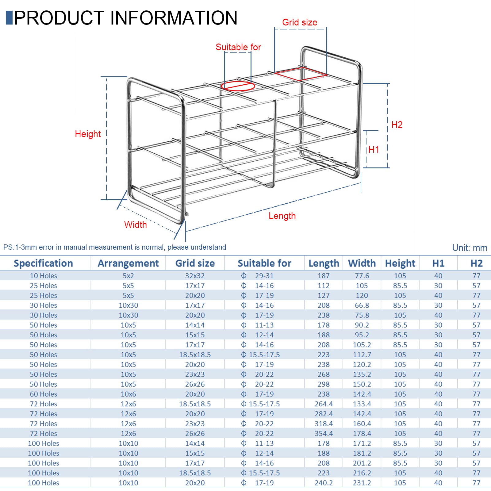 Adamas-Beta Stainless Steel Test Tube Rack,20 Place,5x4 Format,Wire Constructed,Outer Diameter Permitted of Tubes 29-31mm