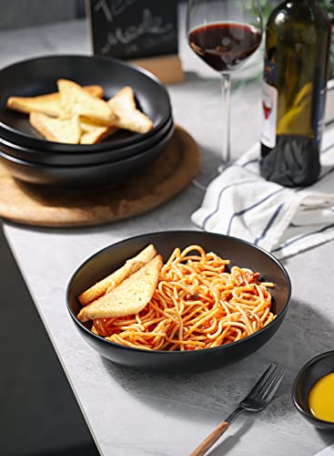 Teocera Pasta Bowls, Large Salad Bowls, Porcelain Bowl Set, Wide and Shallow, Microwave and Dishwasher Safe, 35 Ounce - Set of 4, Matte Black