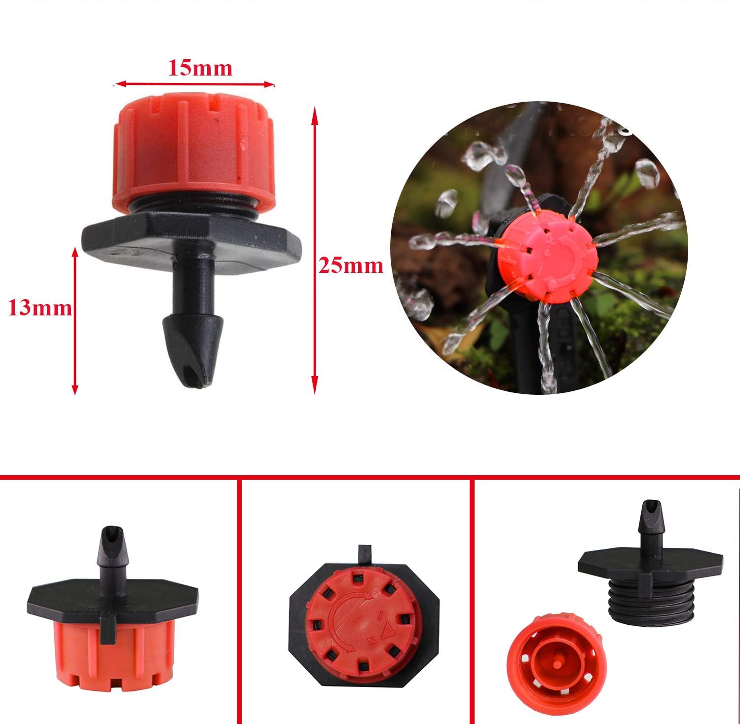 Kalolary 200Pcs Adjustable Drip Irrigation Emitters, 1/4Inch Adjustable Micro Drip Irrigation System Watering Sprinklers Anti-Clogging Emitter Dripper Red Garden Supplies