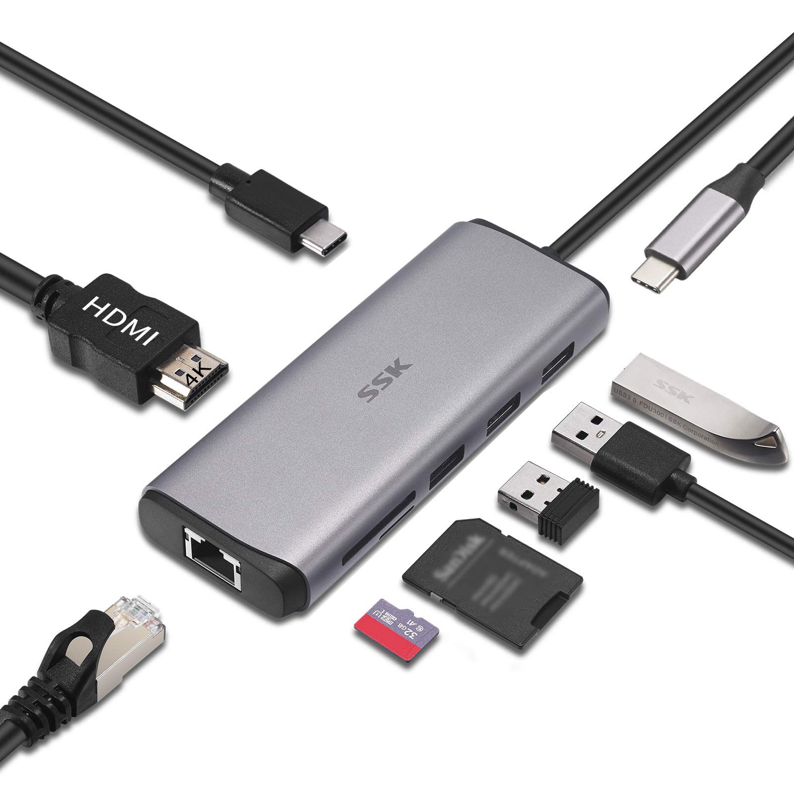 SSK USB C Hub, 8-in-1 Type C Multiport Hub to HDMI Adapter with RJ45 Ethernet, 4K30Hz HDMI, PD3.0 Powered, 3 USBs, SD/TF Card Reader USB C Dock for MacBook/Pro/Air and More