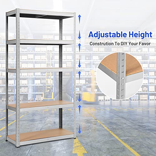 ERGOMASTER 5 Tier Utility Shelves Rack Garage Heavy Duty Steel Metal Shelving Unit with Adjustable Design, Bolt-Free Assembly & 380 LBS Wight Capacity Per Tier (1, Silver)