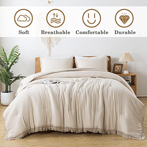 Andency Beige Comforter Set California King, Boho Tassel Lightweight Bedding Comforter Sets, 3 Pieces All Season Soft Fluffy Fringe Bed Set (104x96In Comforter & 2 Pillowcases)